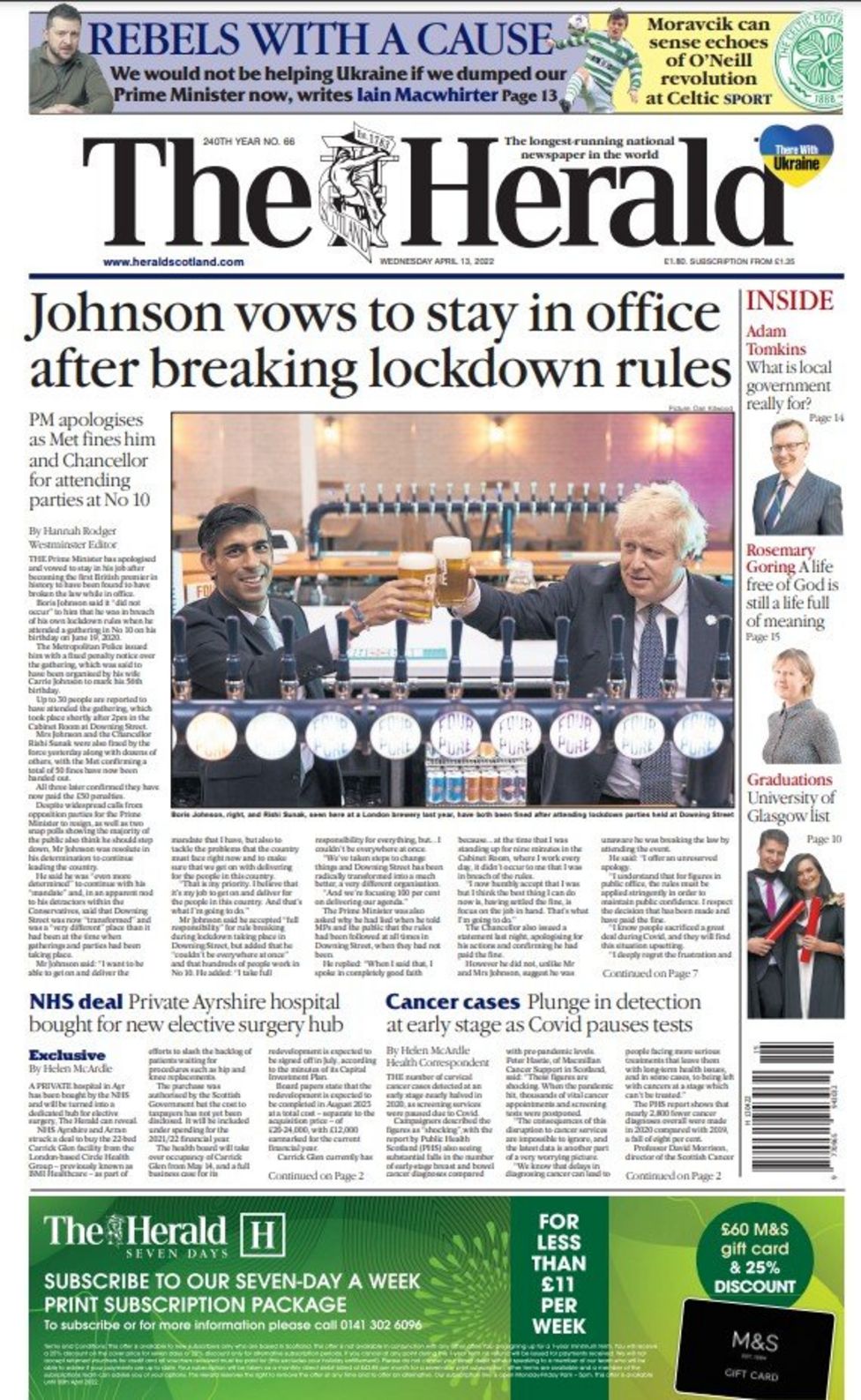 Scotland's papers: PM refuses to quit over lockdown party fine - BBC News Scotland's papers: PM refuses to quit over lockdown party fine - BBC News