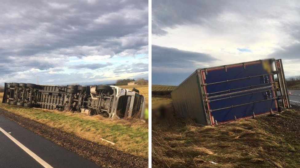 Two lorries overturn on A1 after road closed amid high winds - BBC News