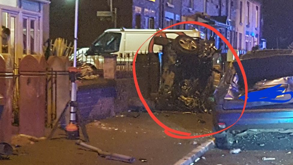 Gatepost flies into Bolton home after car crashes in police chase - BBC ...