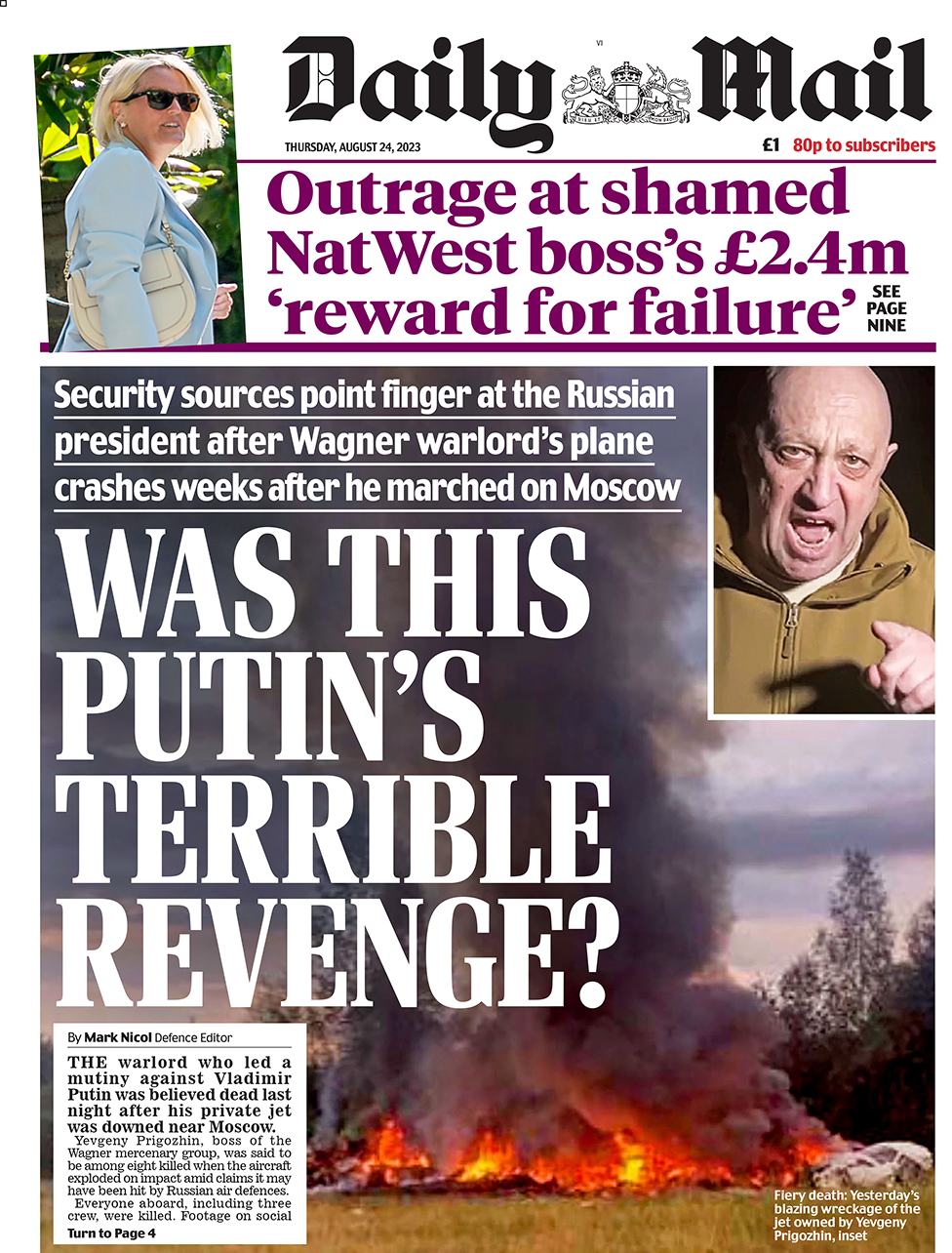 Newspaper headlines: 'Putin's revenge' and Prigozhin's death 'no ...