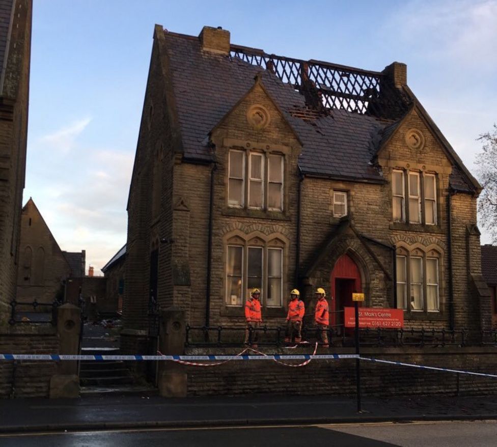 Firefighters tackle rectory roof fire in Oldham - BBC News
