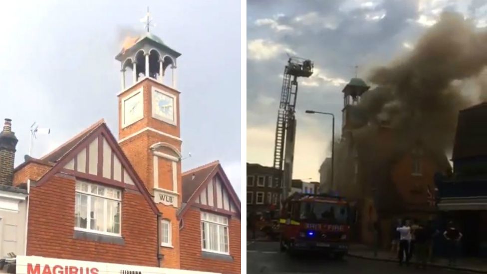 Wimbledon Bell tower alight after lightning strike - BBC News