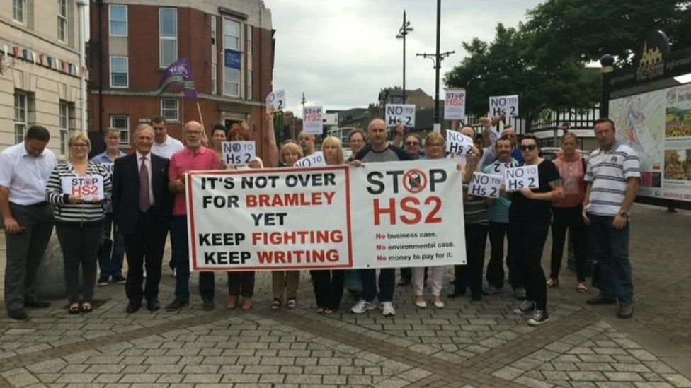 Protesters march against HS2 Bramley and Aston route plan - BBC News