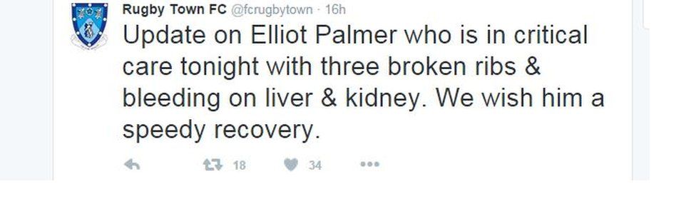 Rugby Town's Elliot Palmer 'in critical care' after clash - BBC News