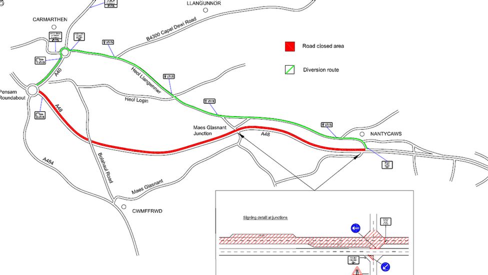 A48 closes between Carmarthen and Nantycaws for repairs - BBC News