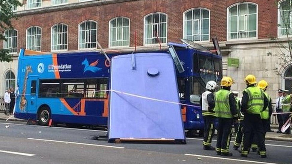 London tour bus driver 'let go of wheel' before crash - BBC News