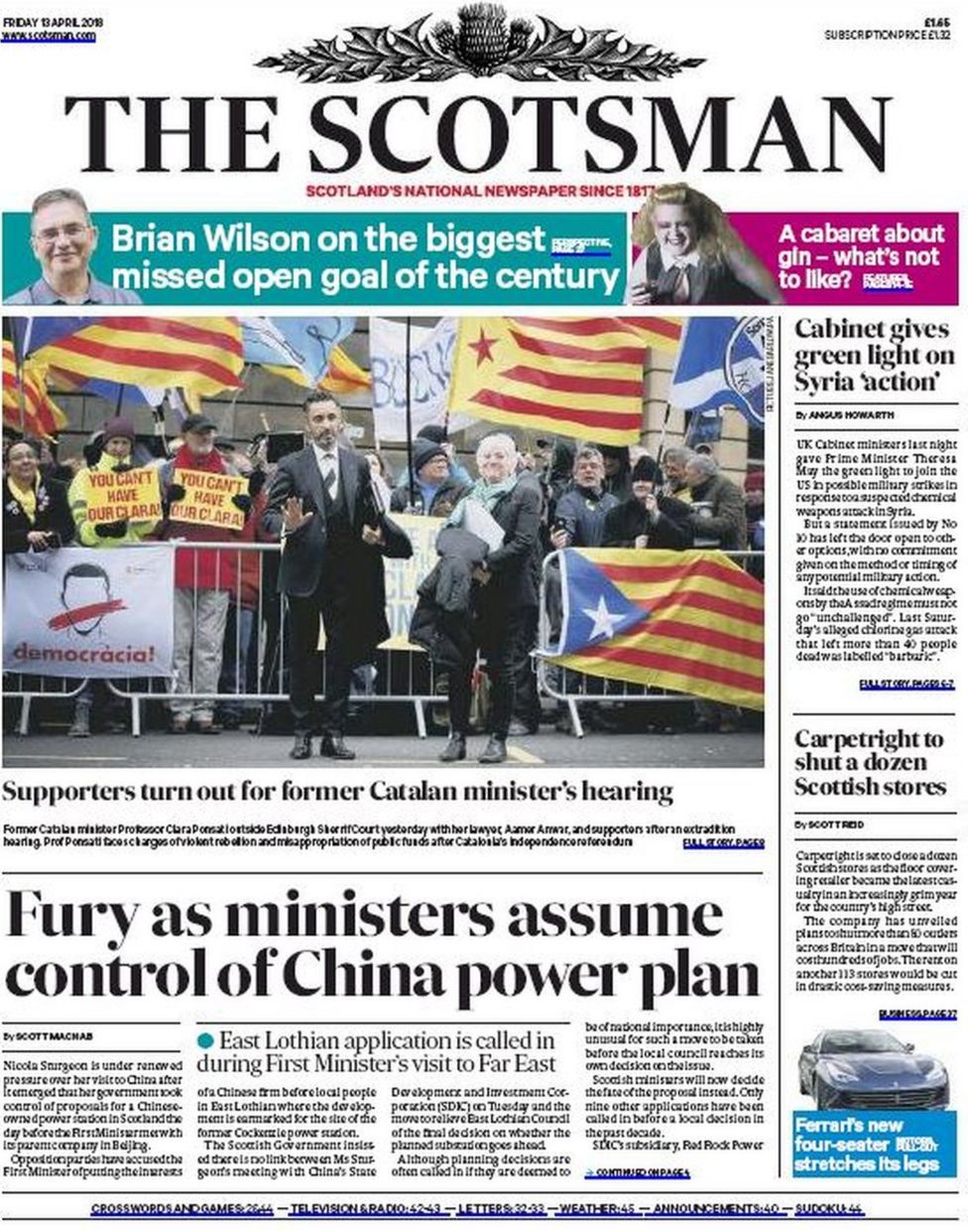The papers: Sturgeon's China wind farm row - BBC News