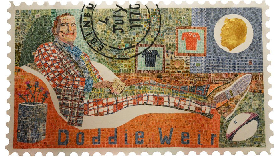 Artist crafts Doddie Weir portrait from 10,000 stamps - BBC News