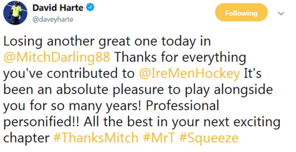 Mitch Darling retires from Ireland duty after 183 caps - BBC Sport