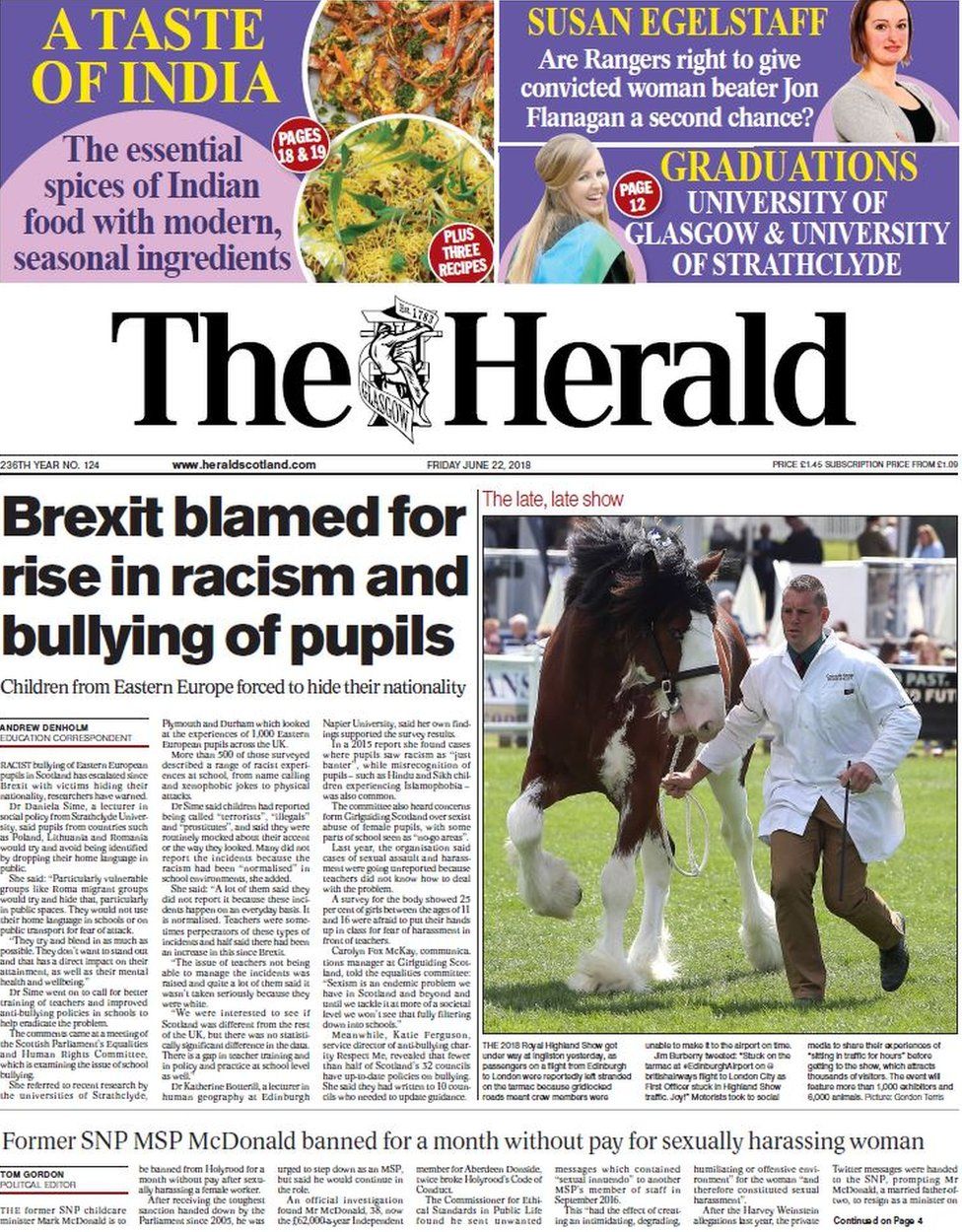 The papers: Brexit blamed for racism rise - BBC News