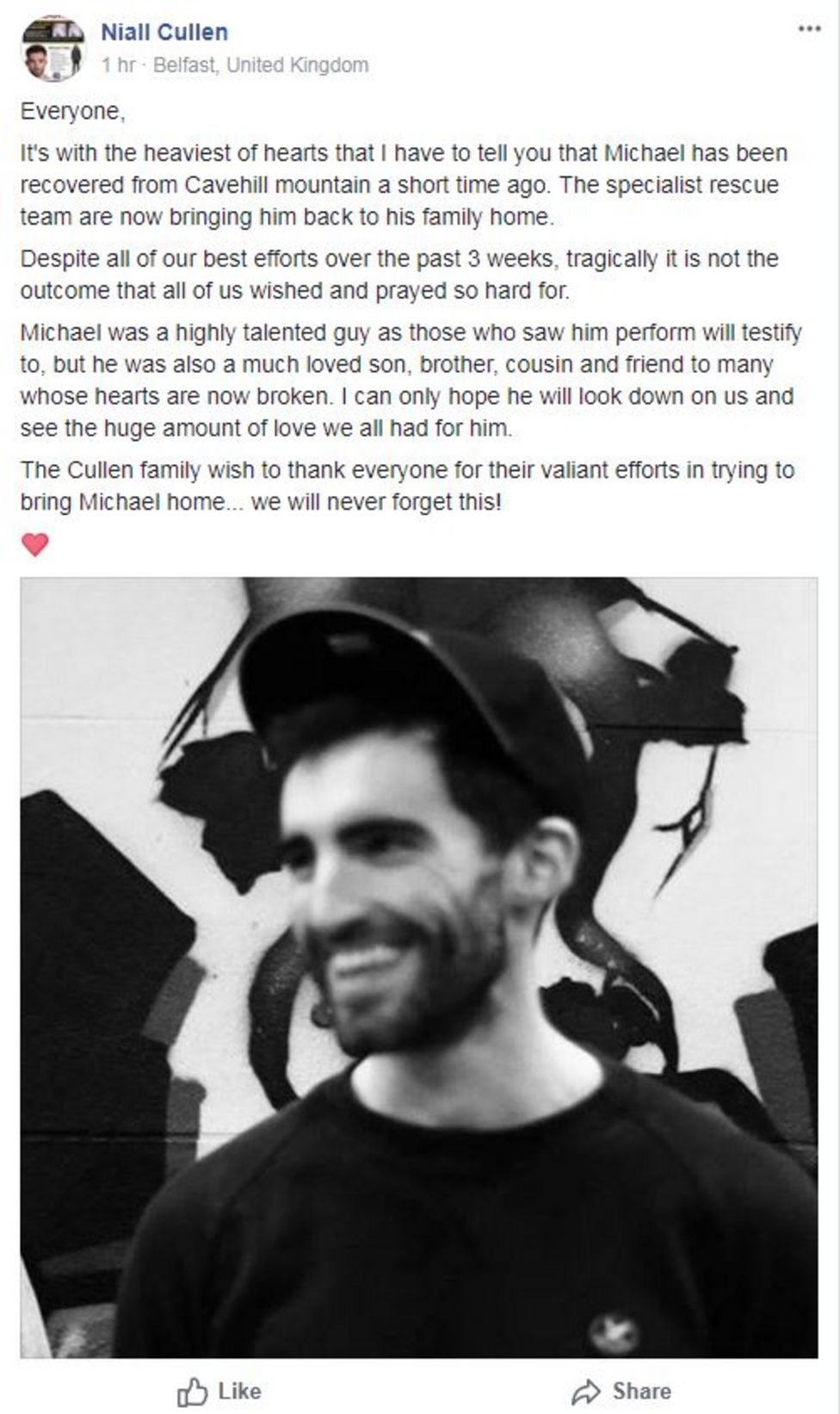 Michael Cullen: Family say body has been found - BBC News
