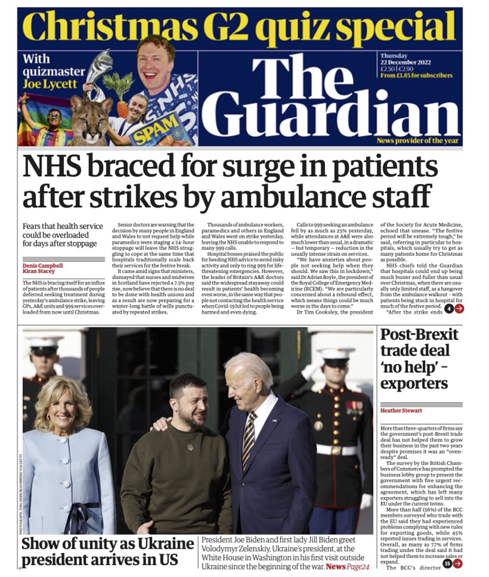 Newspaper headlines: 'Fears for sick' and PM's 'silence' over strike ...