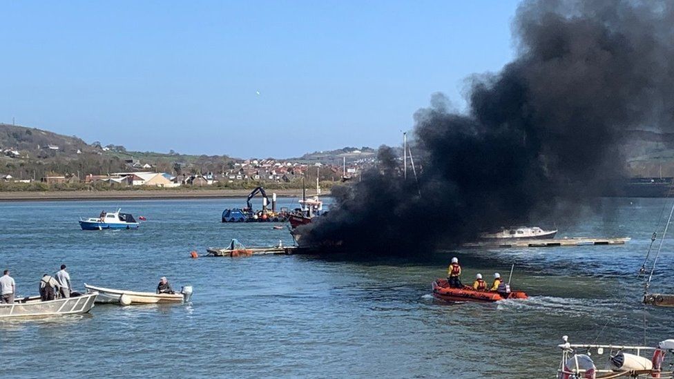 Cwch hwylio'n suddo ar ôl mynd ar dân yn Afon Conwy - BBC Cymru Fyw