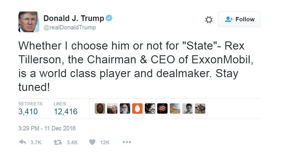 Trump Praises Exxons Rex Tillerson Tipped For Top Diplomat Bbc News