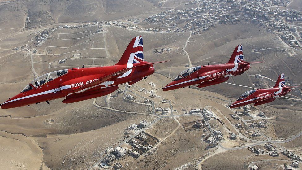 Red Arrows return to Lincolnshire after Middle East tour - BBC News