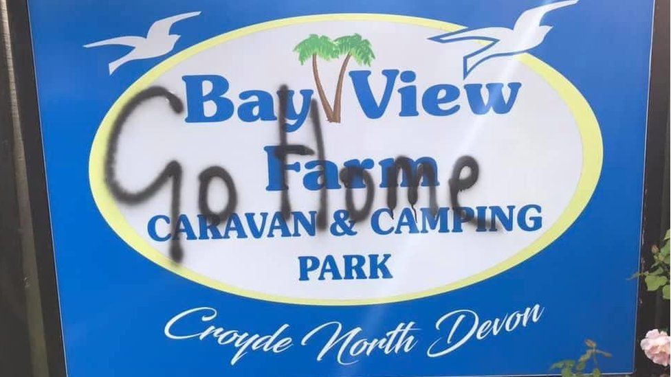 'Go home' graffiti daubed on Croyde campsite sign - BBC News