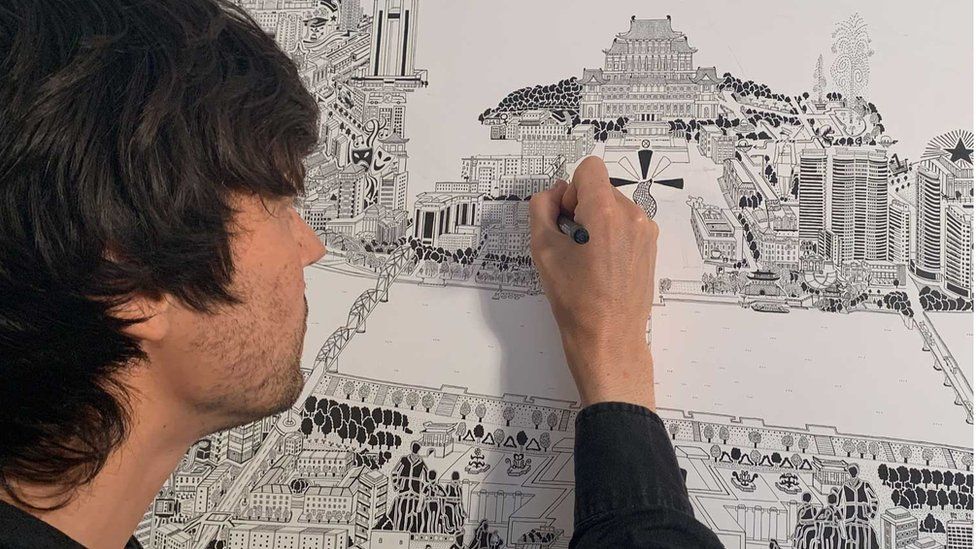 Artist Gareth Fuller draws tourist map of Pyongyang - BBC News