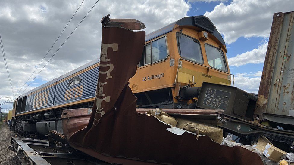 Track workers in near miss with freight train - BBC News