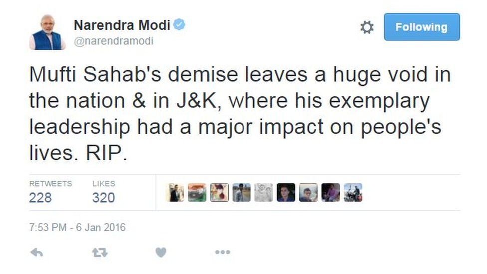 Mufti Mohammad Sayeed: India Kashmir leader dead - BBC News