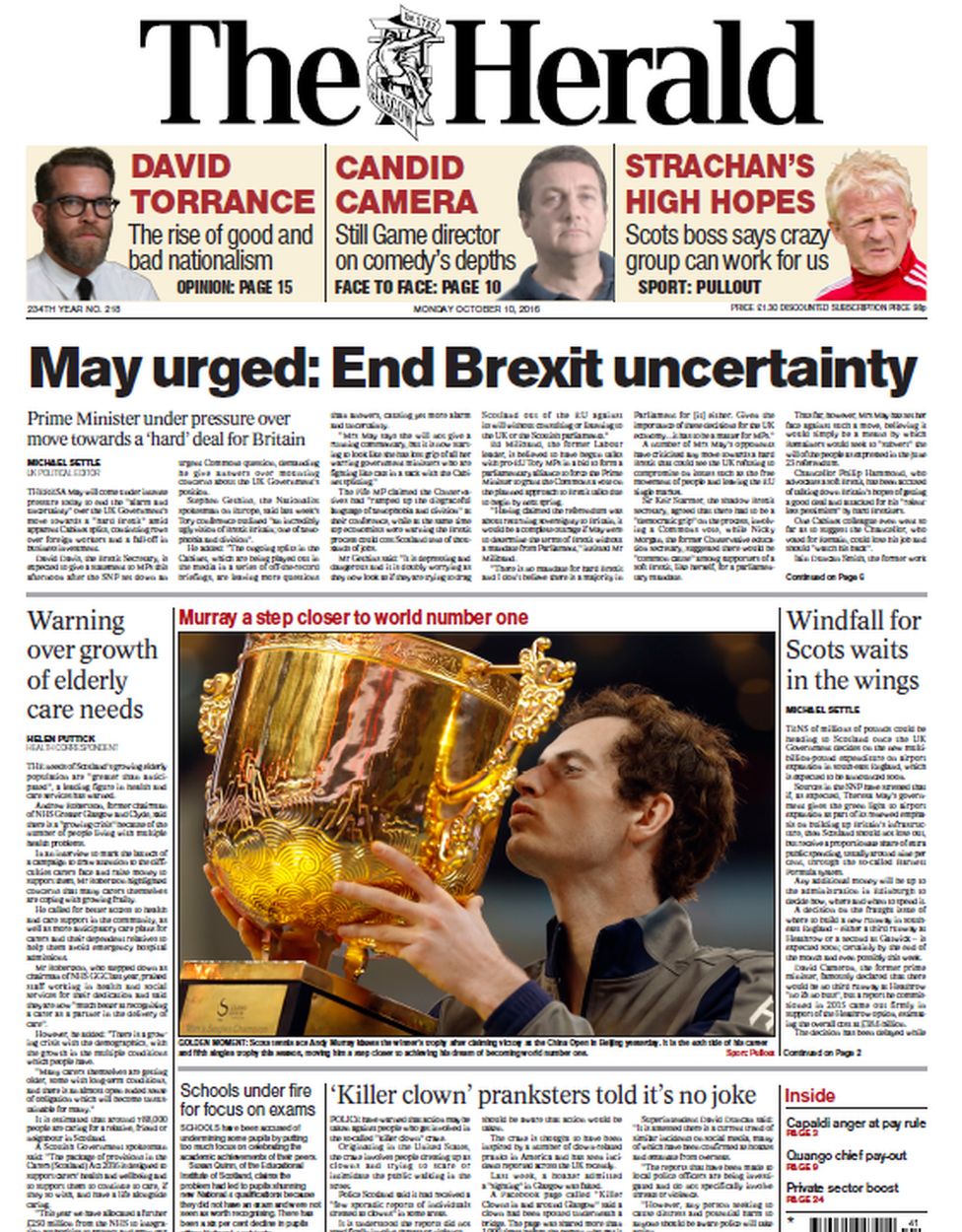 Scotland's papers: Murray's China win and 'tea break' axe - BBC News