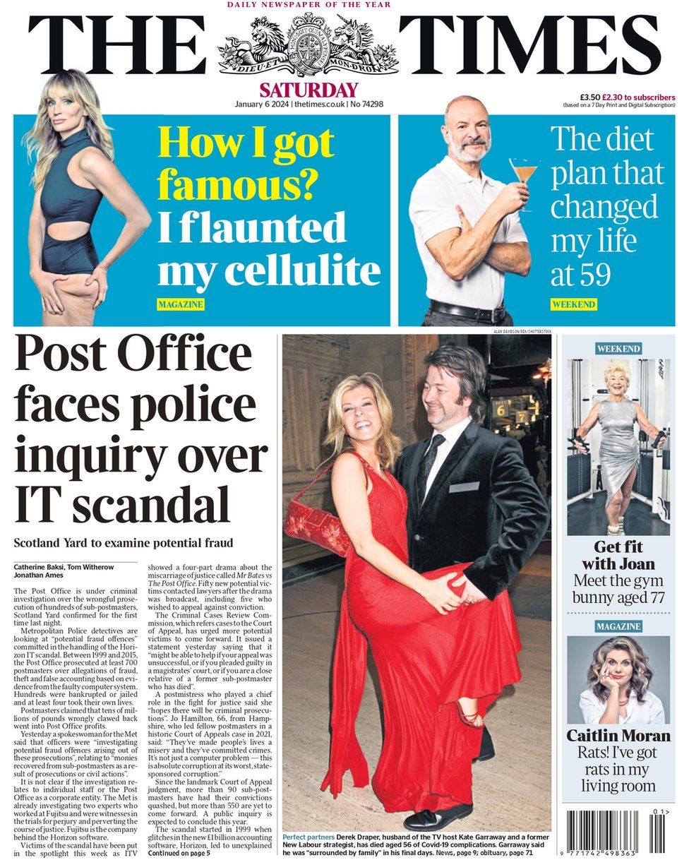 Newspaper headlines: 'Goodbye darling Derek' and Post Office ...