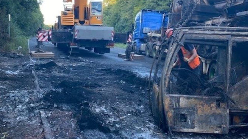 A64 Tadcaster: Crane fire closes road eastbound overnight - BBC News