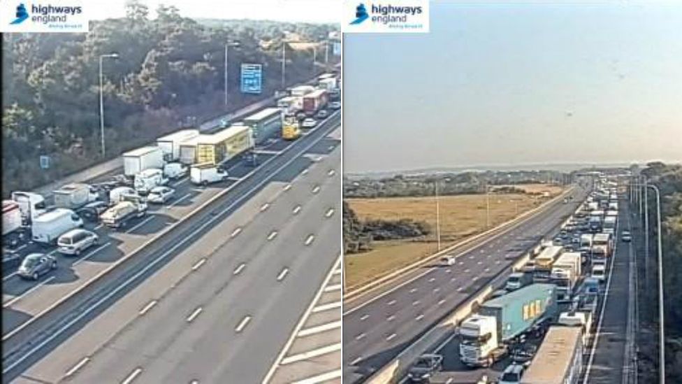 Closure of M25 QE2 bridge causing long delays for drivers - BBC News