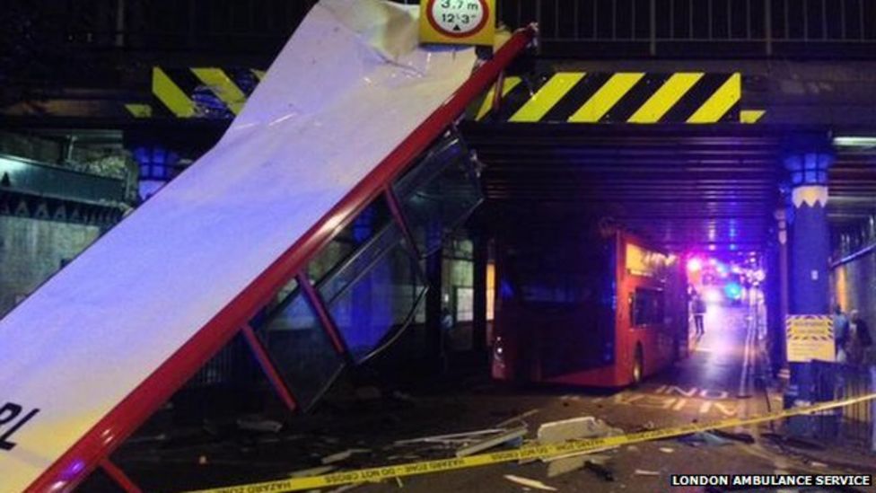 Seven hurt as bus crashes into bridge in South Norwood - BBC News
