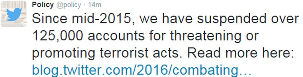 Twitter suspends 125,000 'terrorism' accounts - BBC News Twitter suspends 125,000 'terrorism' accounts - BBC News