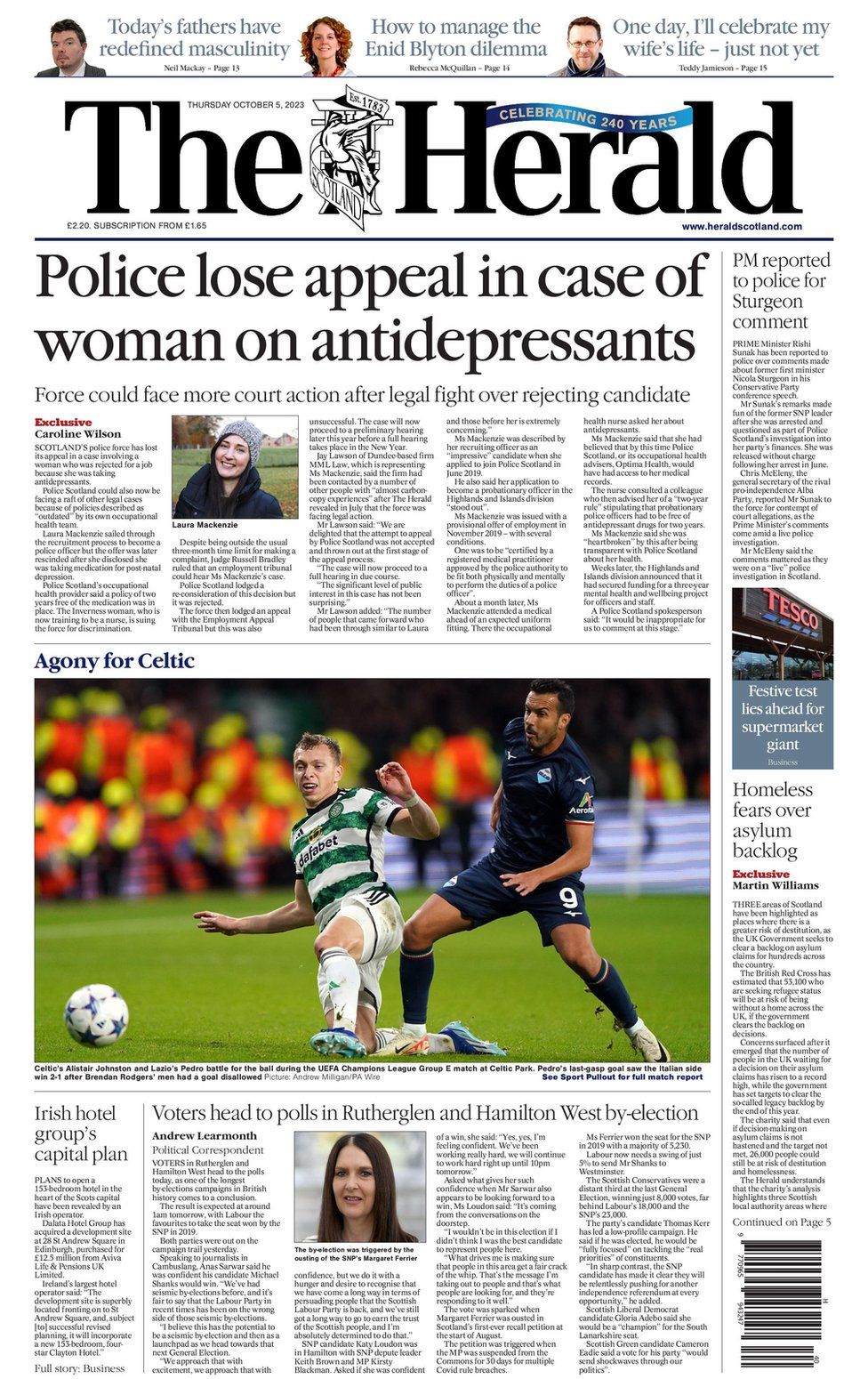 Scotland's papers: Police antidepressants row and Sunak praises union ...