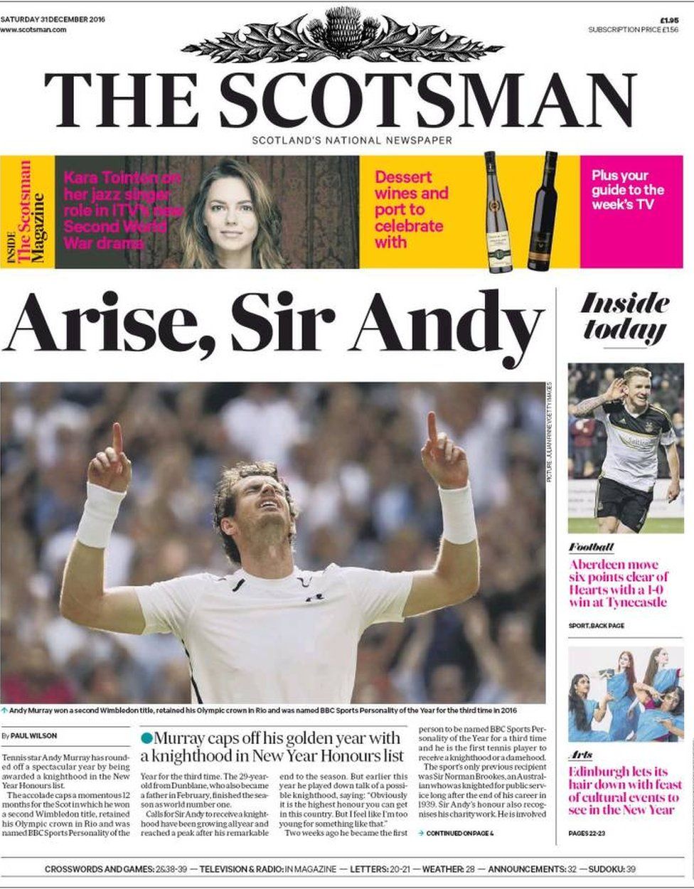 Scotland's papers: Arise, Sir Andy and Trump 'sides' with Putin - BBC News