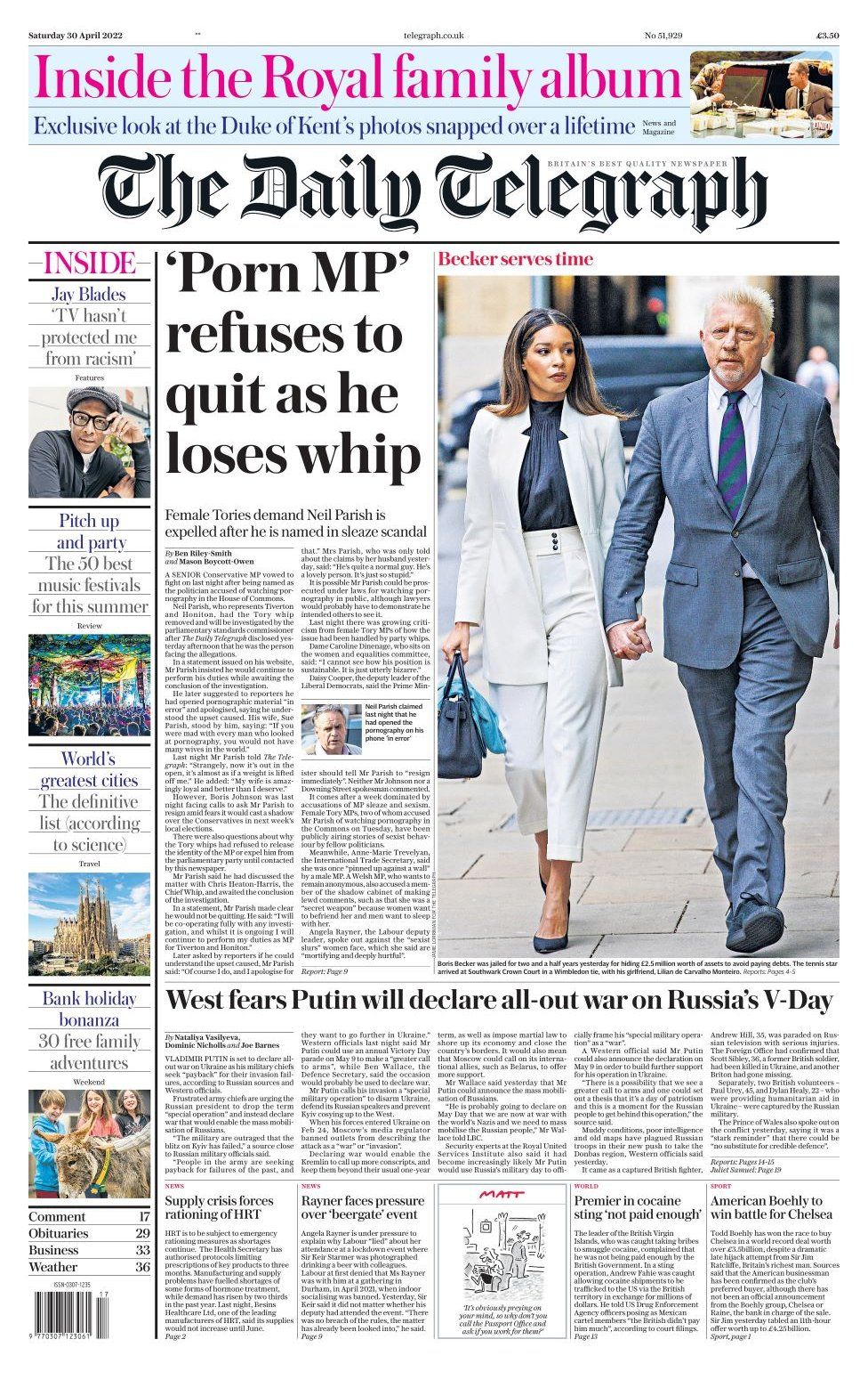 Scotland's papers: Tory MP 'refuses to quit' and Boris Becker jailed ...