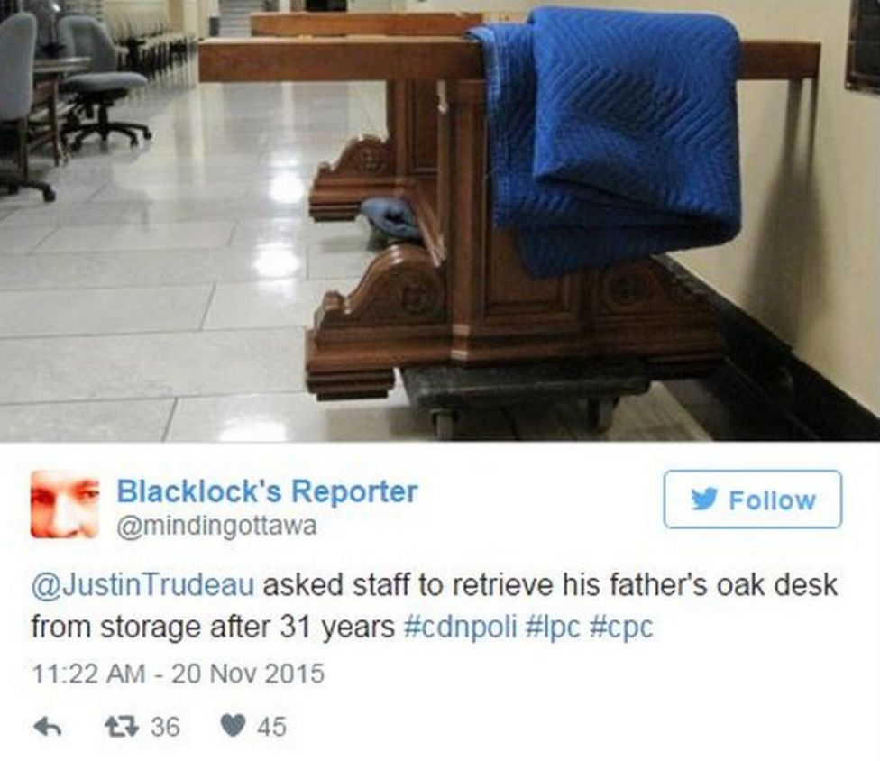Justin Trudeau using father Pierre Trudeau's desk - BBC News