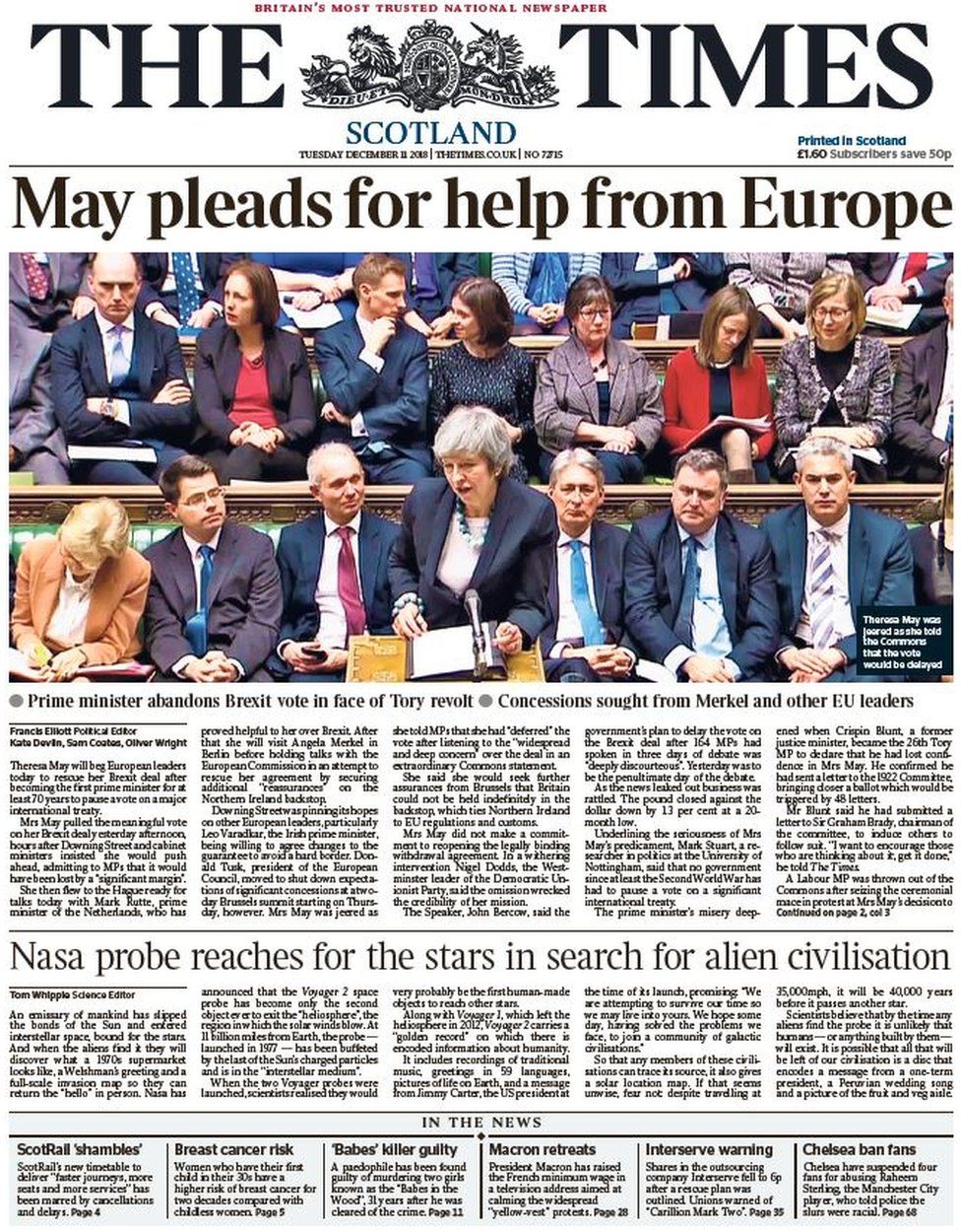 The papers: Theresa May's 'last roll of the dice' after Brexit vote ...