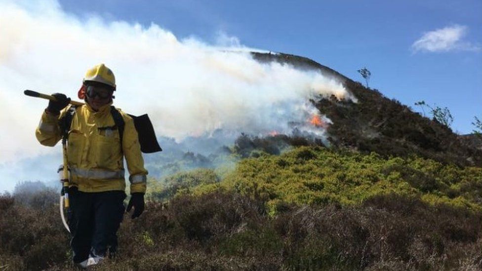 Cumbria crews use hand-held beaters to tackle heather fire - BBC News
