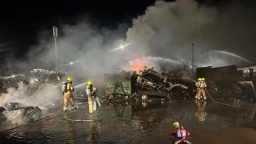 Firefighters tackle blaze at Shoeburyness recycling yard - BBC News