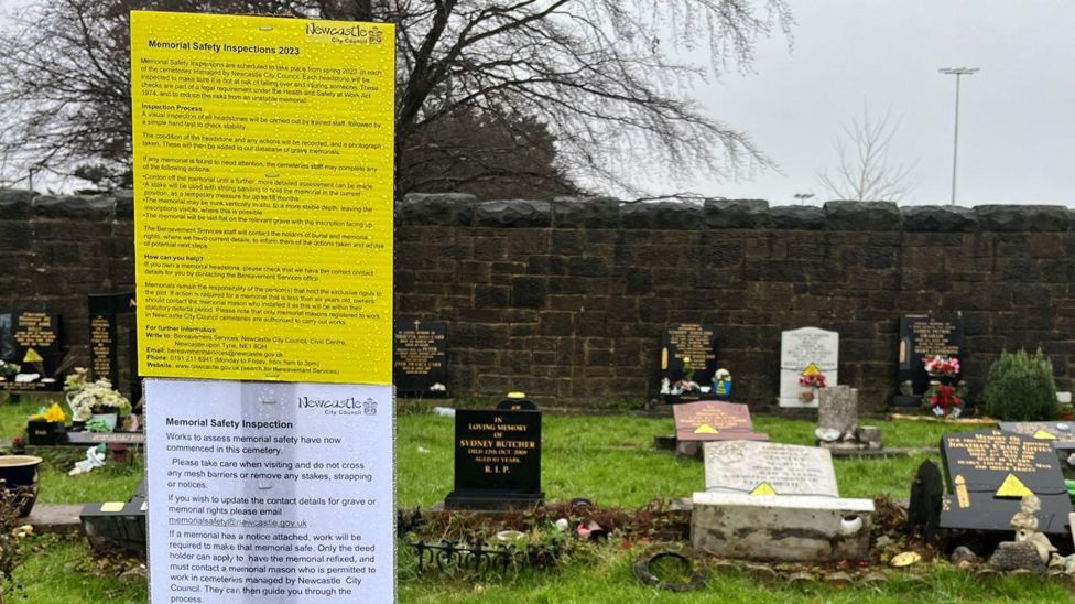 Newcastle: Families upset as hundreds of headstones laid flat - BBC News