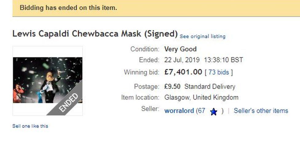Chewbacca mask worn by Lewis Capaldi sells for £7,000 - BBC News