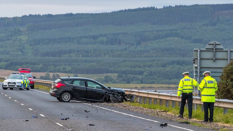 Two seriously injured in car and bike crash on A9 - BBC News