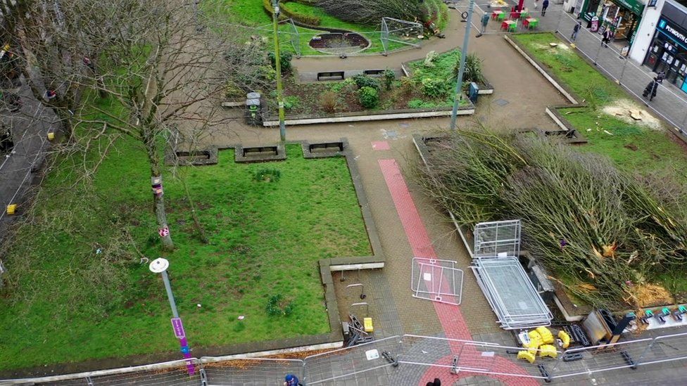 Traders frustrated felled trees remain on Plymouth's Armada Way - BBC News