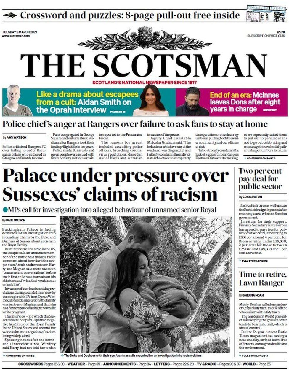 Scotland's papers: 'Royals in crisis' after Meghan and Harry interview ...
