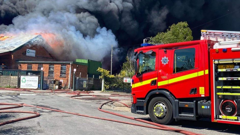 Fire at Newton-le-Willows recycling plant on hottest day of year - BBC News