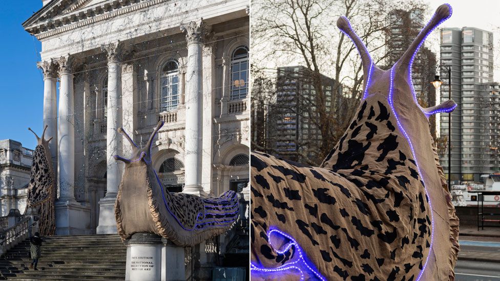 Artist Monster Chetwynd's giant slugs 'slime' Tate Britain - BBC News