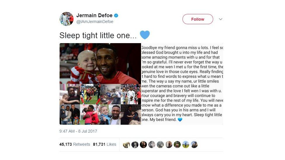 Bradley Lowery: Jermain Defoe pays tribute to 'best friend' - BBC News