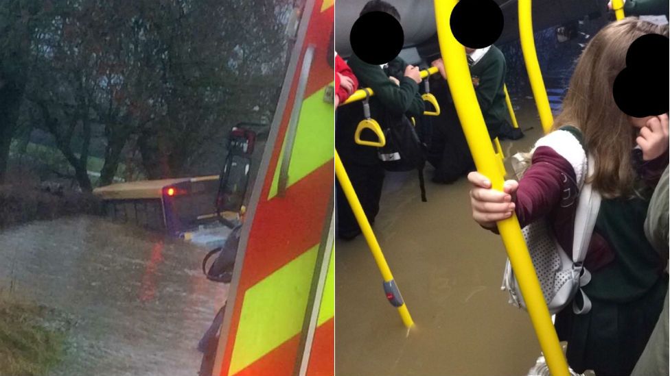 School children trapped in bus by flood water near York - BBC News