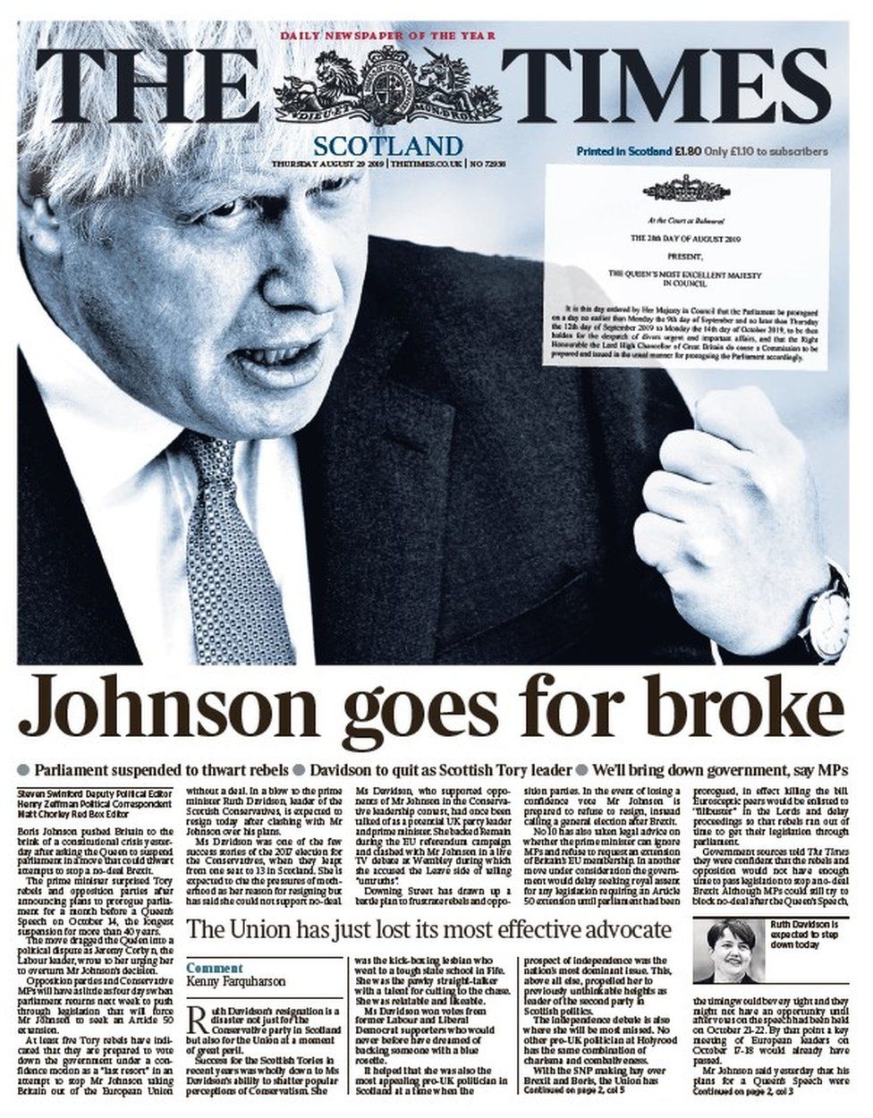 Scotland's papers: Parliament suspended and Ruth quits - BBC News