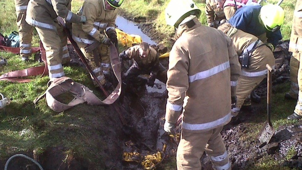 Seventeen firefighters rescue bull from ditch - BBC News
