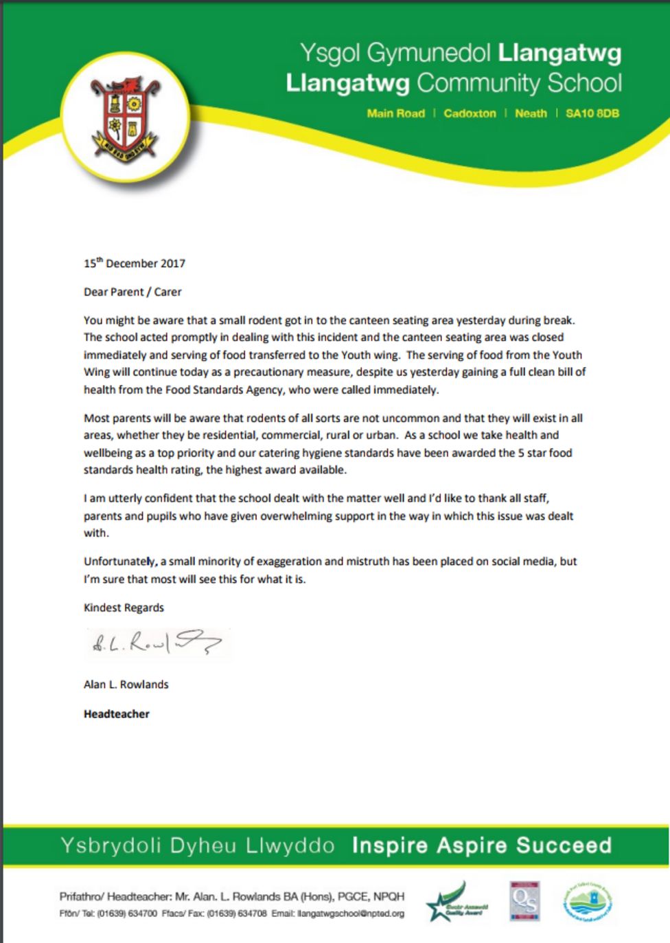 Llangatwg School canteen shuts after 'small rodent' spotted - BBC News