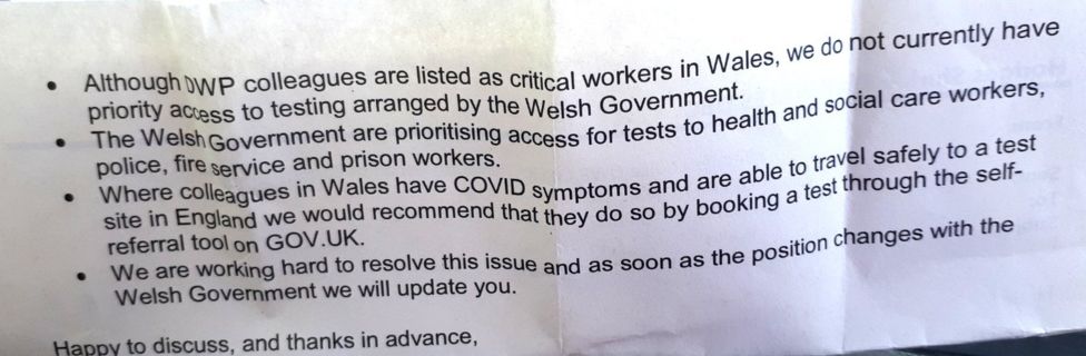 Coronavirus: DWP tells Welsh staff to use English test centres - BBC News