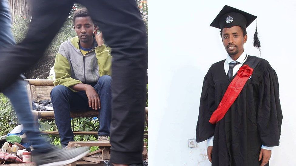 Ethiopian engineering graduate who cleans shoes for a living - BBC News